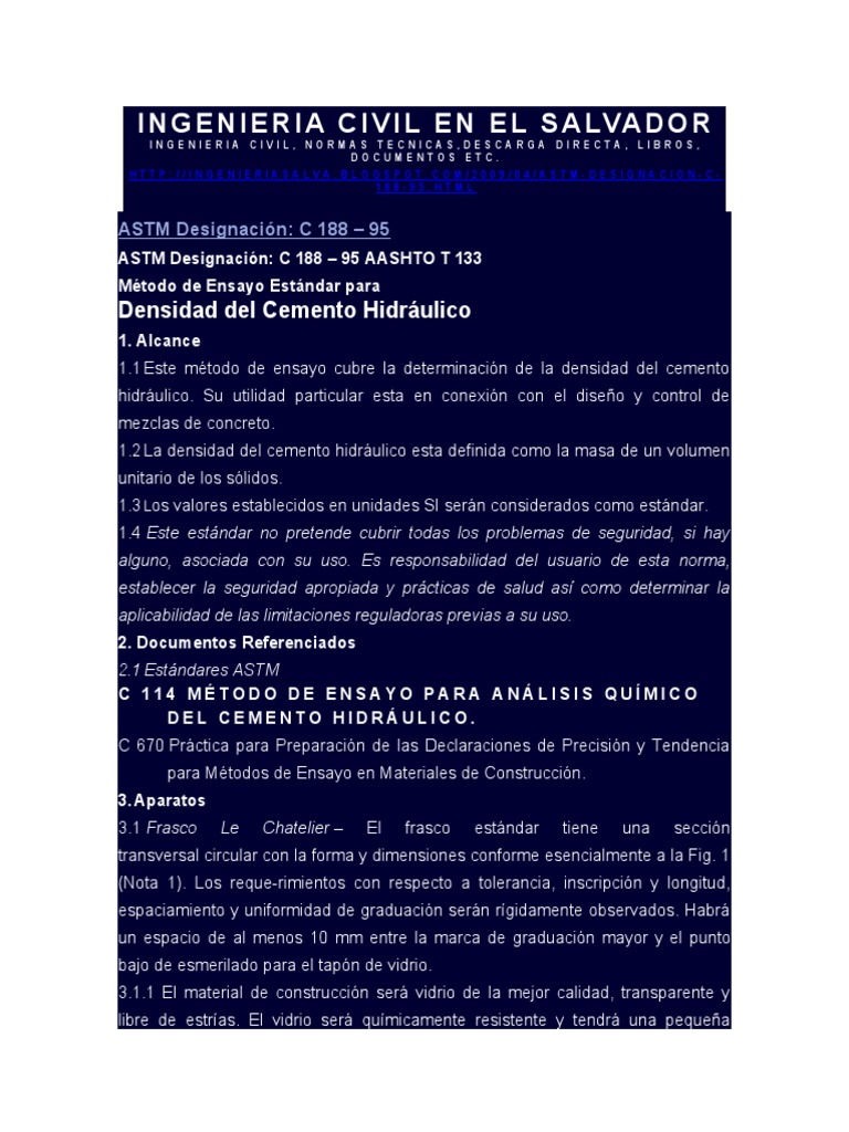 Astm - C188-95 Aashto T133-Metodo de Esnsayo Estandar para La Densidad ...