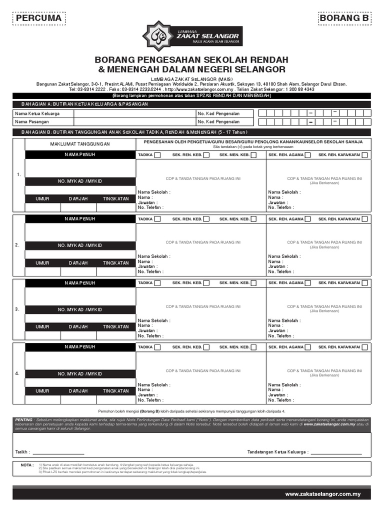 Borang B - Pengesahan Sekolah Rendah Menengah Dalam Negeri Selangor PDF ...