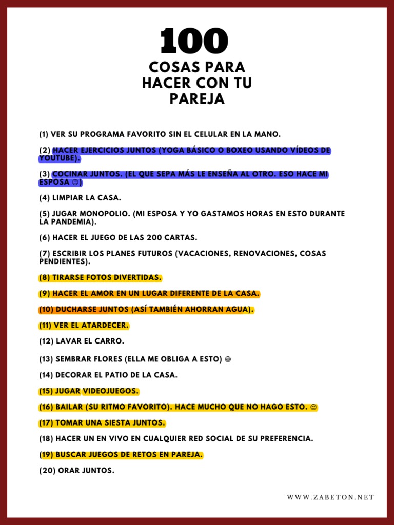 100 Cosas para Hacer Con Tu Pareja - Lista PDF - Blanco y Negro ...