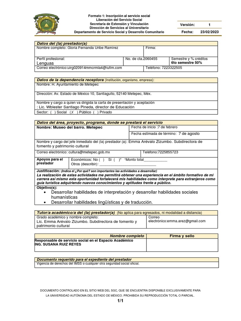1 Formato de Inscripción Al Servicio Social UAEM | PDF | México