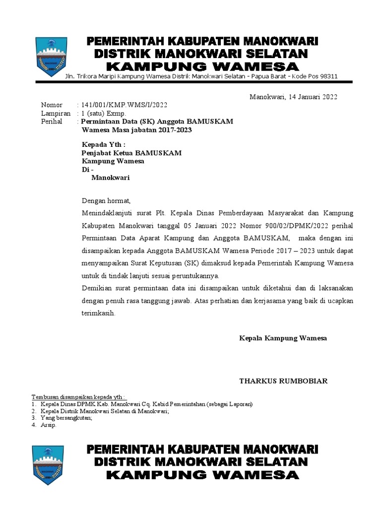 SURAT PERMINTAAN DATA ANGGOTA BAMUSKAM KEP. DPMK Kab. MKW | PDF