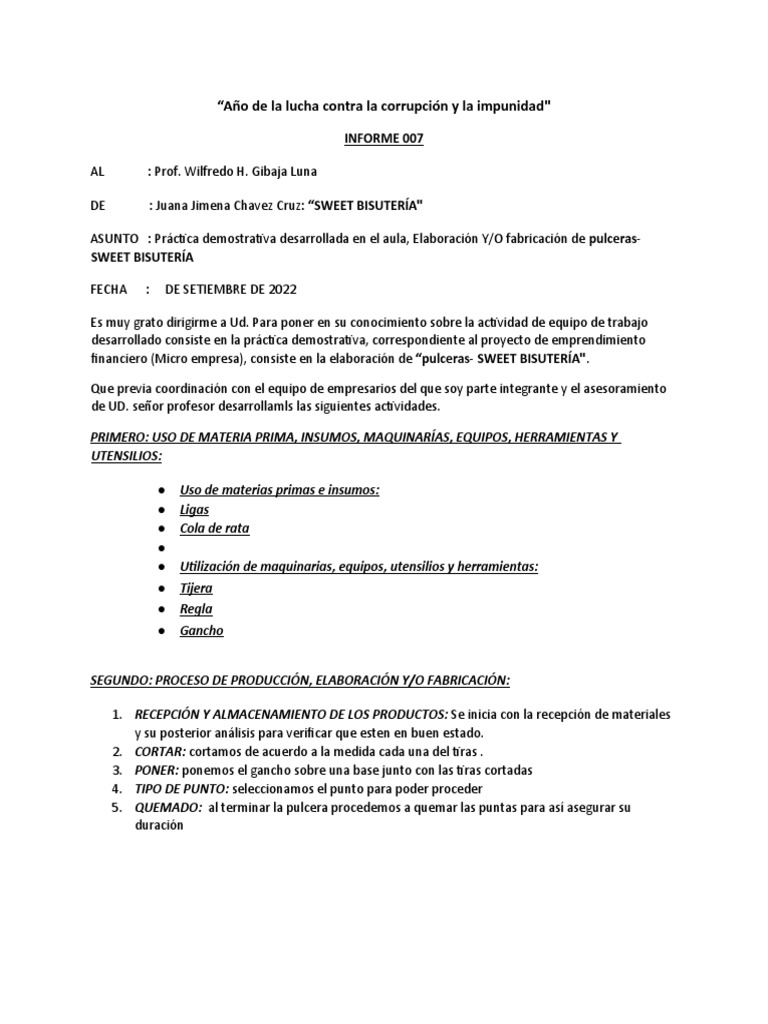 Informe 7 Emprendimiento Juana | PDF