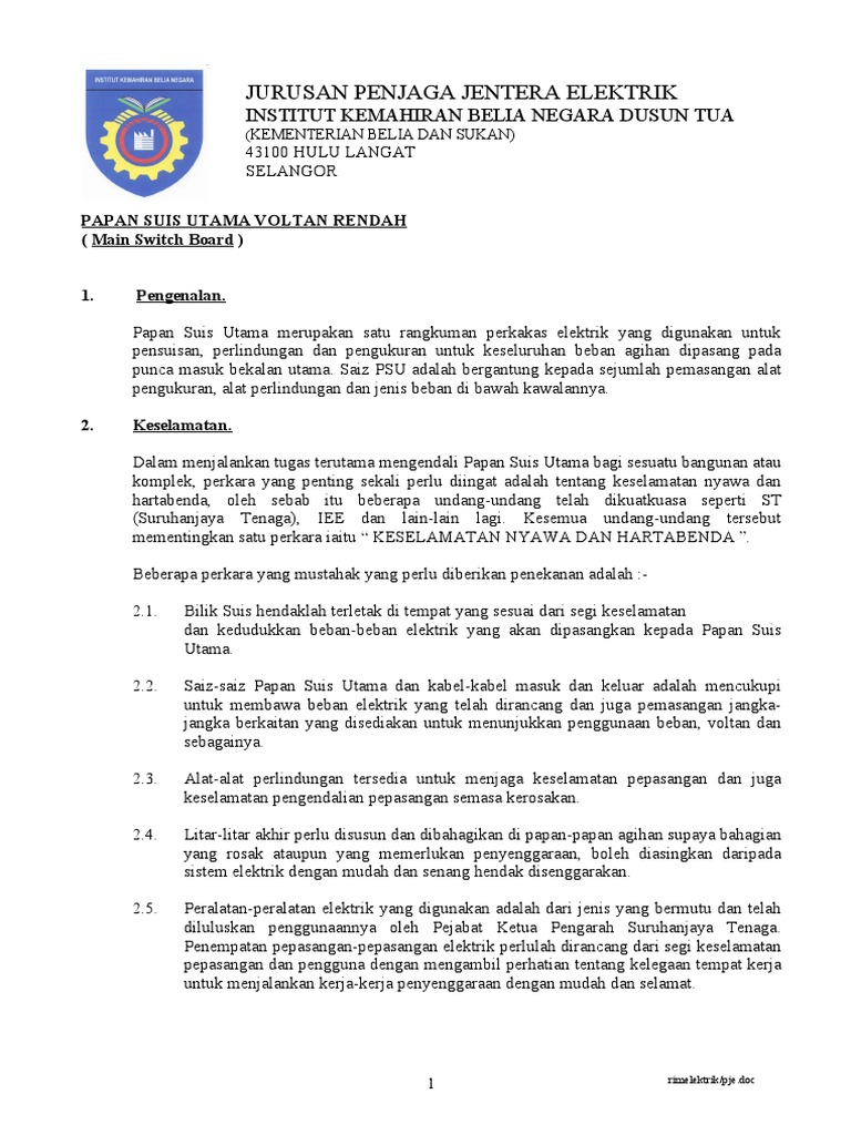Papan Suis Utama Voltan Rendah | PDF