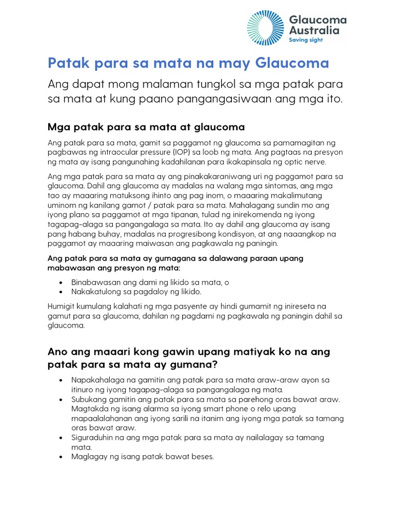 Filipino Glaucoma Eye Drop Information PDF | PDF