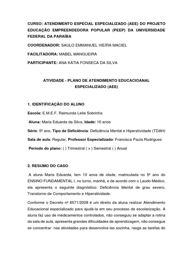 Plano de Aula - Aee | PDF | Transtorno de déficit de atenção e ...