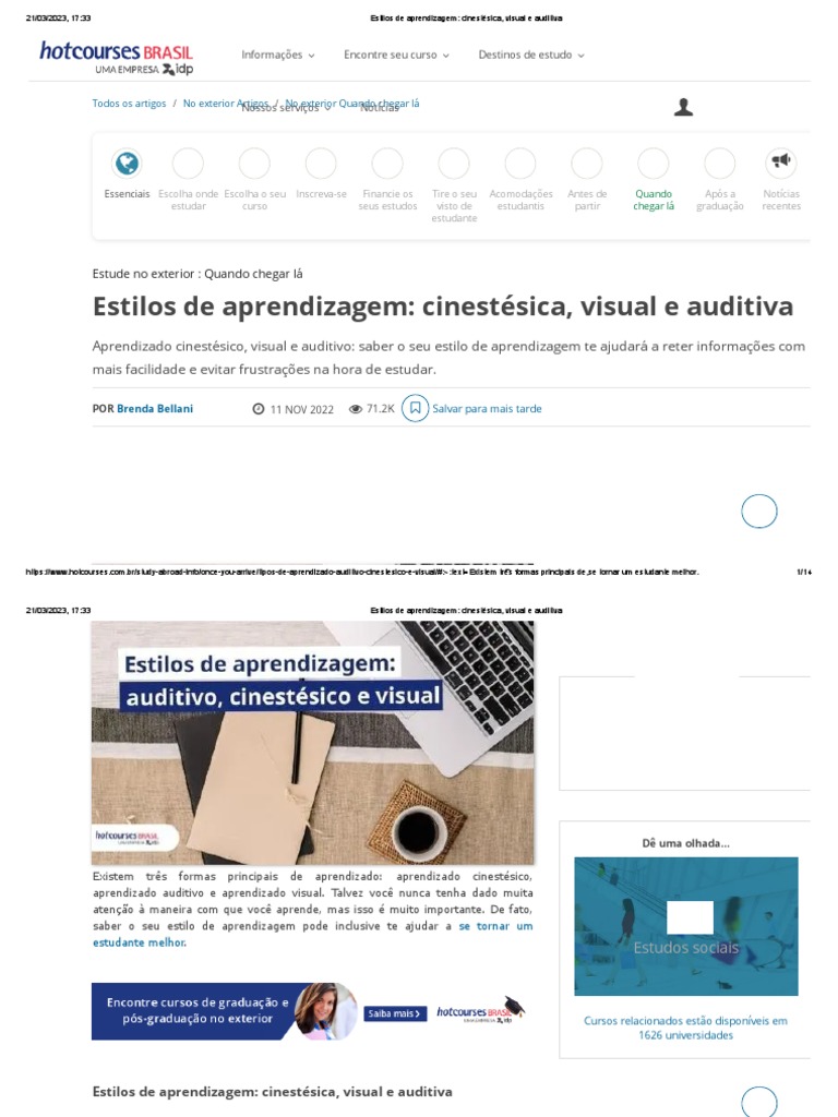 Estilos De Aprendizagem Cinestésica Visual E Auditiva Pdf Pdf