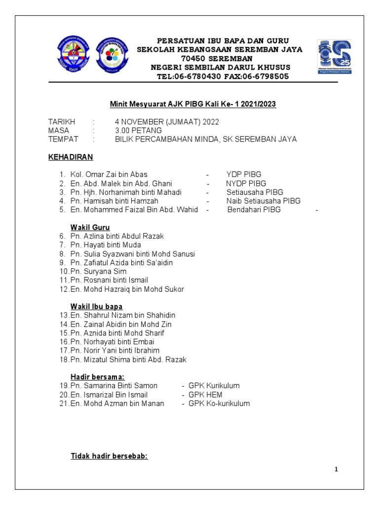 MINIT MESYUARAT PIBG KALI PERTAMA 2022 - Hany | PDF