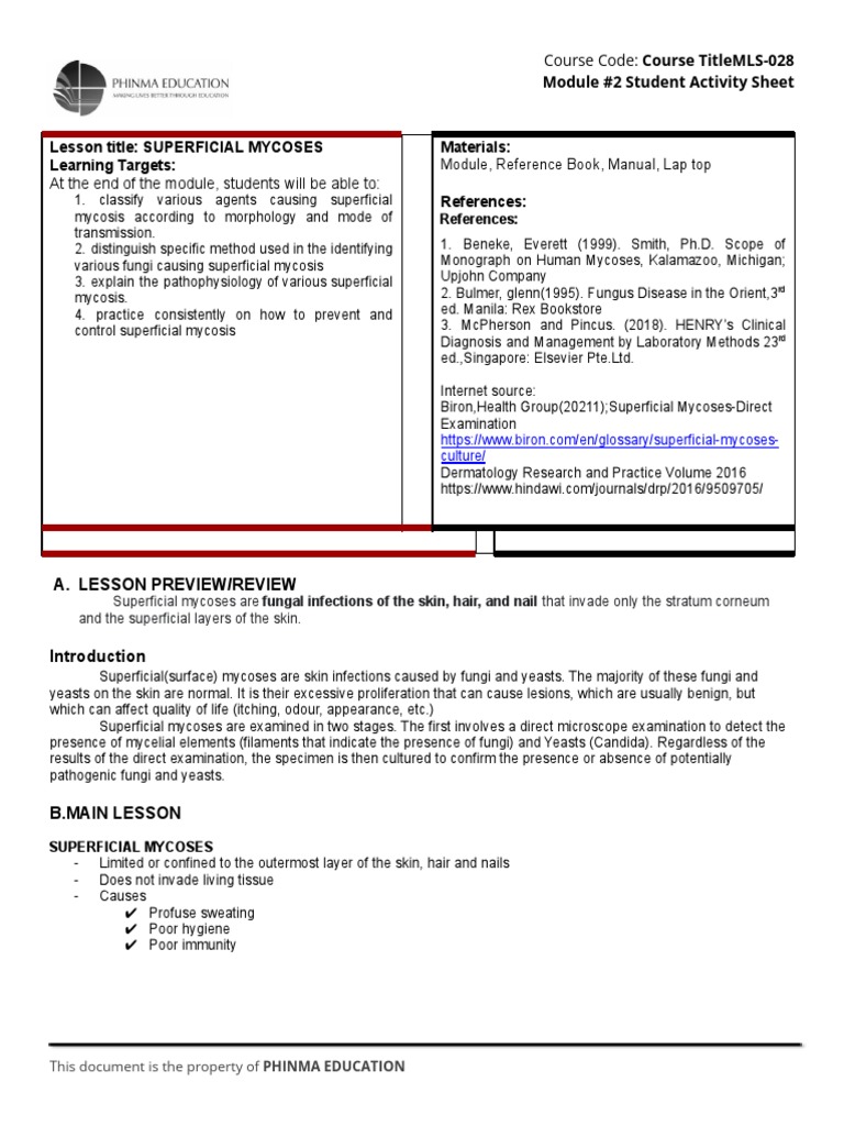 Module#2-Student Activity Sheet SUPERFICIAL YCOSES | PDF | Microbiology | Mycology