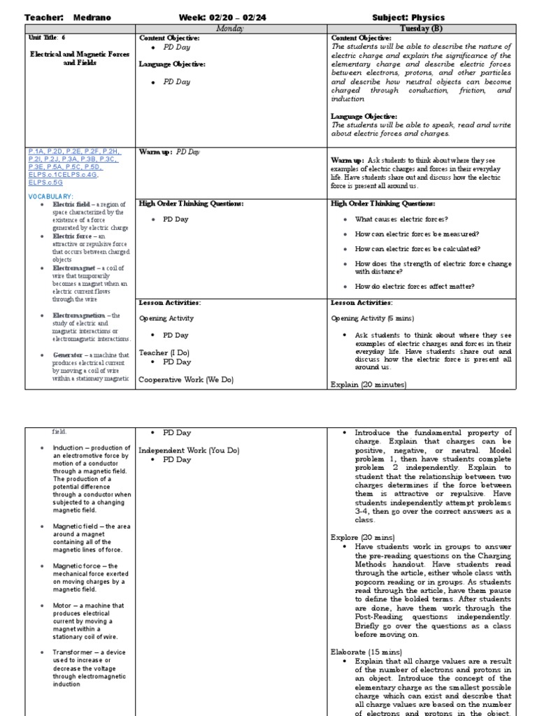 Physics - Lesson - Plan - February 20 24 2023 Electricity and Magnetism ...