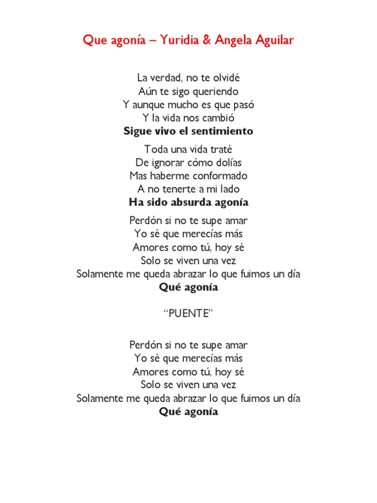 Que Agonía YURIDIA Y ANGELA AGUILAR LETRA PDF | PDF