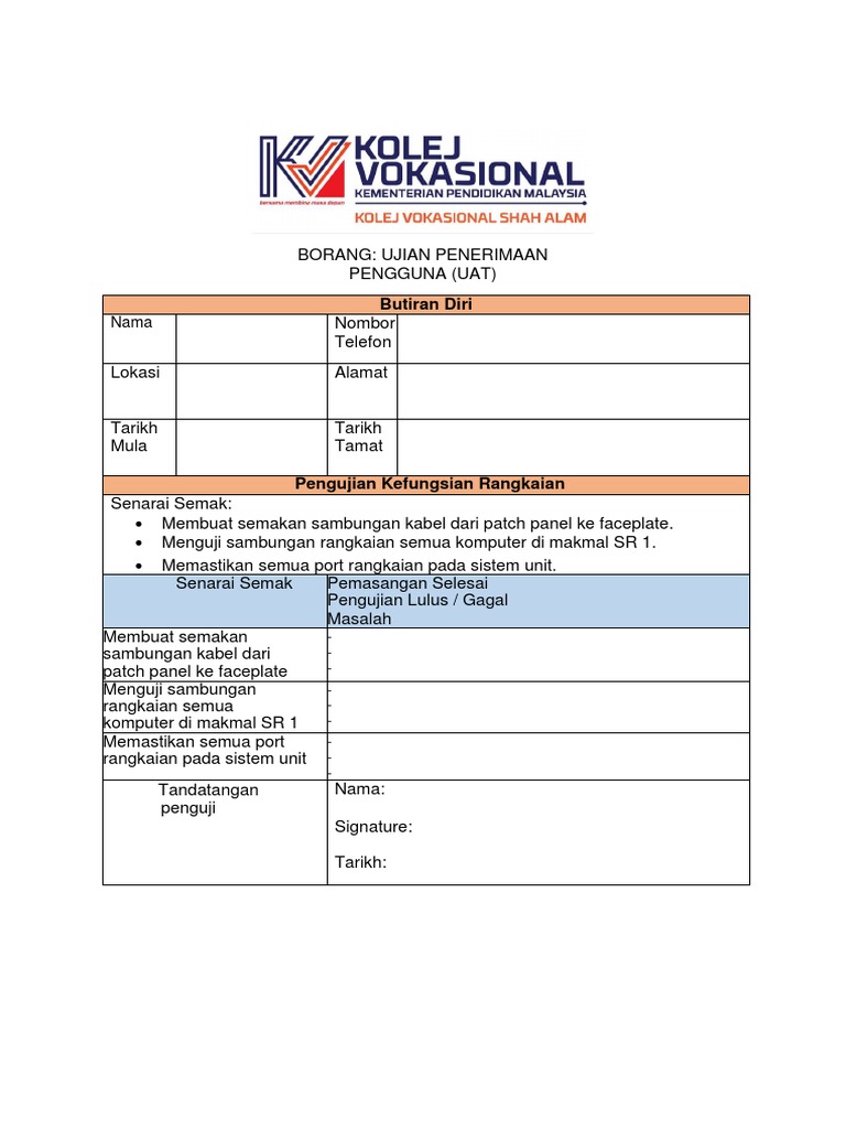 Borang Ujian Penerimaan Pengunaan (Uat) PDF | PDF