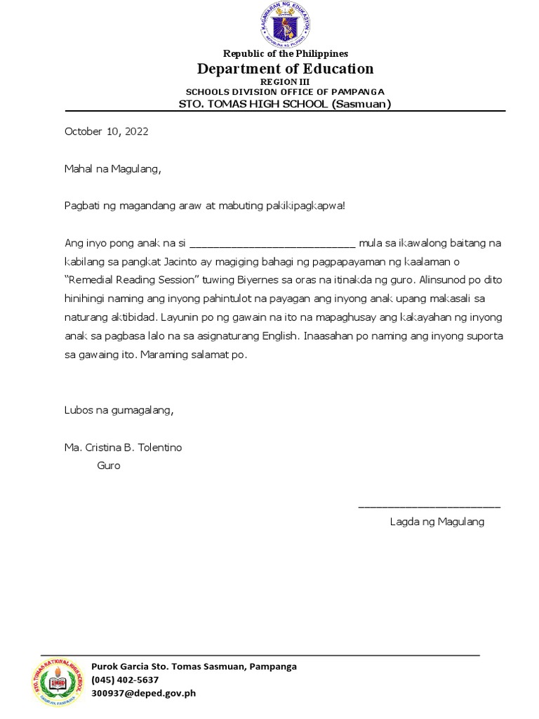 Letter To Parents Reading Remediation | PDF