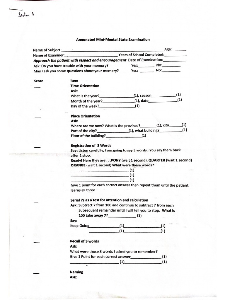 Health Assessment Annotated Mini Mental State Examination MSME | PDF