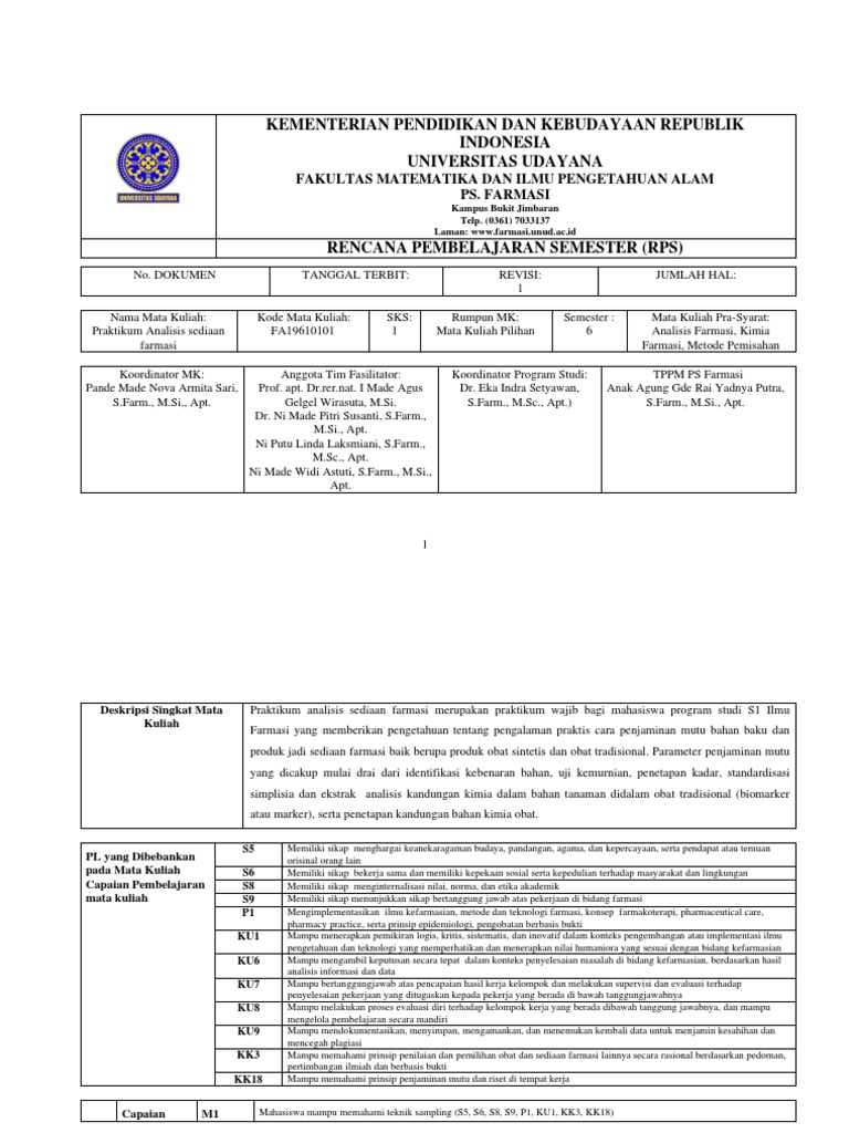 RPS Praktikum Analisis Sediaan Farmasi | PDF | Pengembangan Diri ...