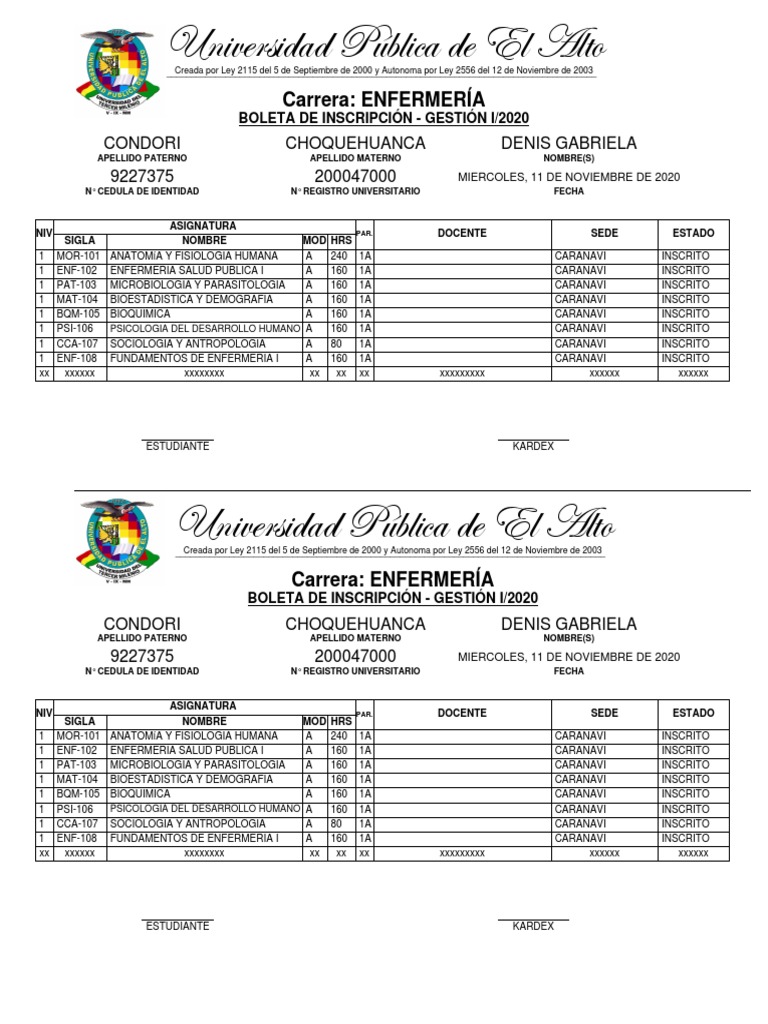 Boleta de inscripción de Denis Gabriela Condori Choquehuanca a la ...