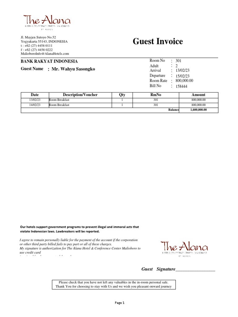 Alana Hotel Jogja Guest Invoice | PDF