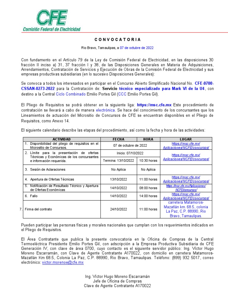 Convocatoria y Pliego de Requisitos - CFE-0700-CSSAN-0273-2022 | PDF ...