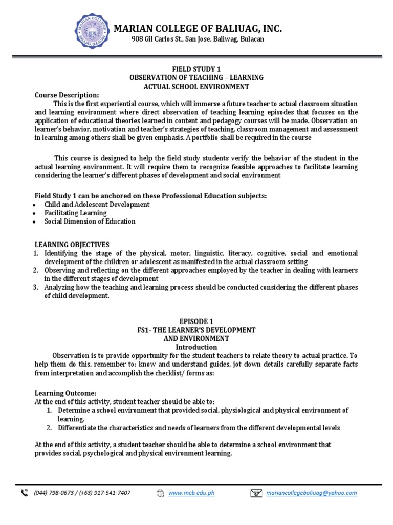 Field Study 1 Module | PDF | Learning | Classroom