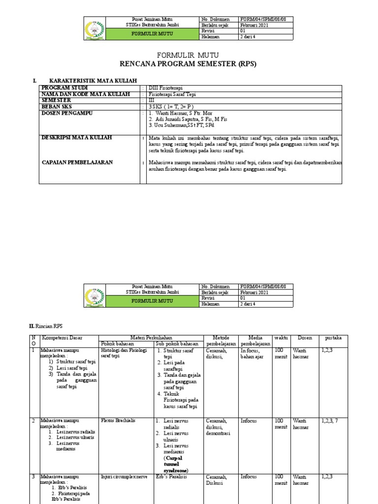 Rencana Program Semester Fisioterapi | PDF