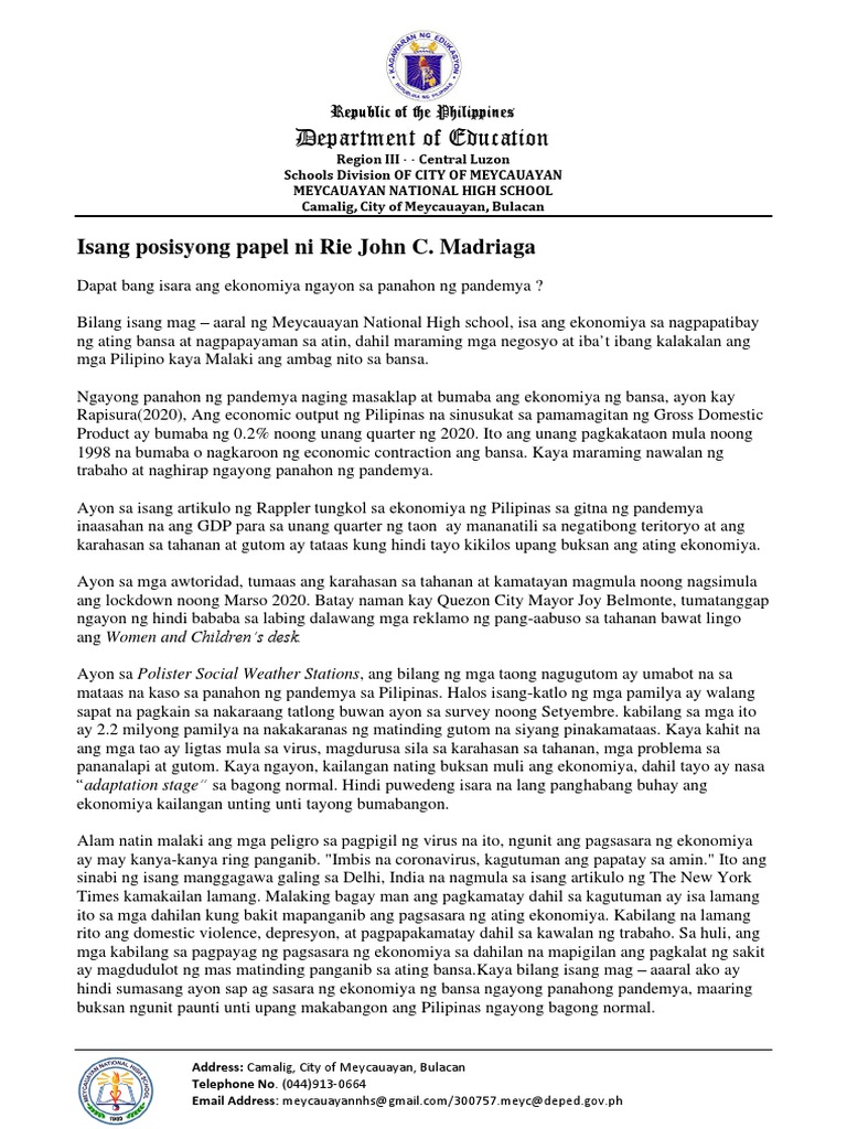 Posisyong Papel - Filipino Sa Piling Larangan MADRIAGA, Rie John C PDF | PDF