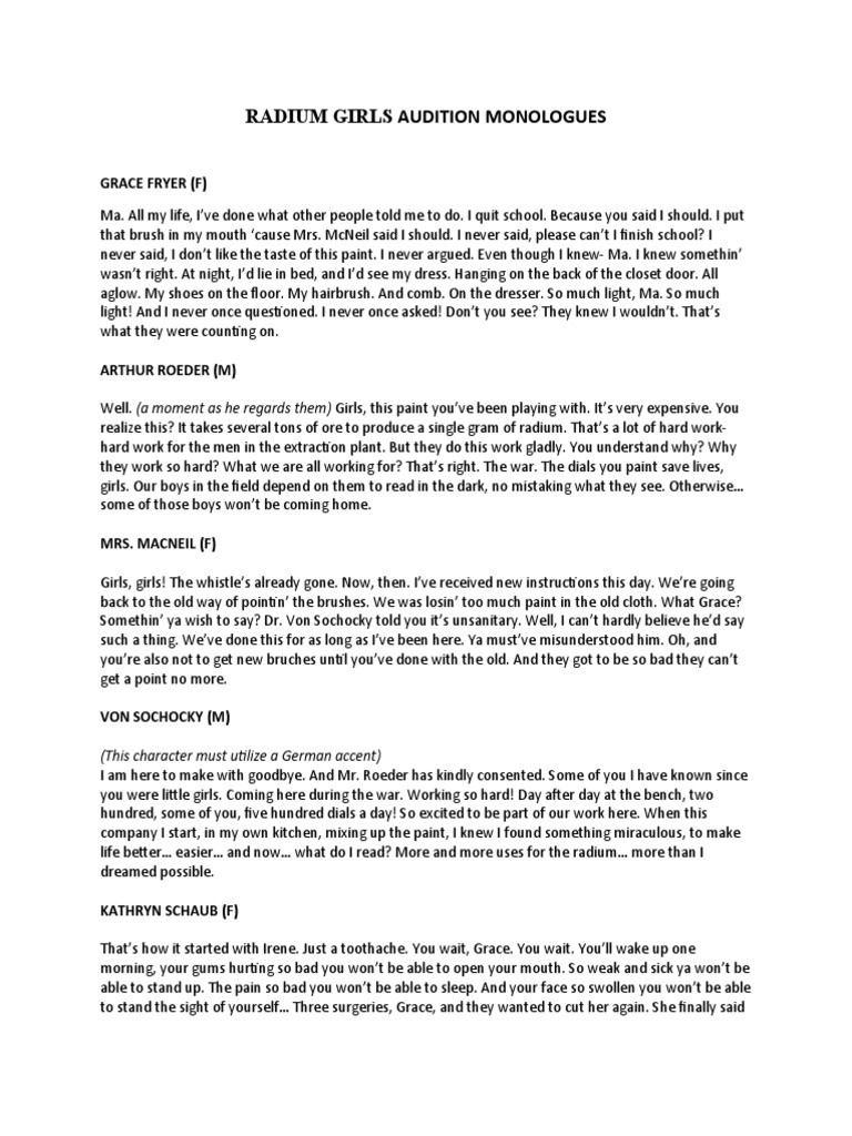 Radium Girls Audition Monologues | PDF | Social Science | Mystery ...