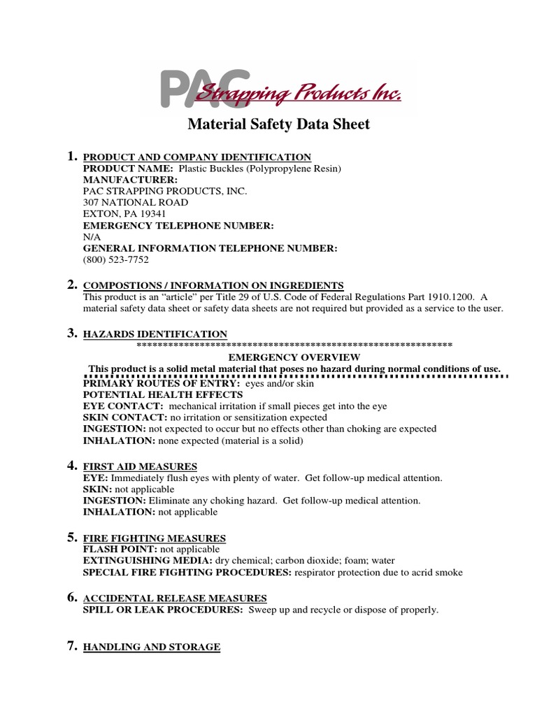 MSDS Plastic-Buckles-Polypropylene-Resin | PDF | Hazardous Waste | Waste