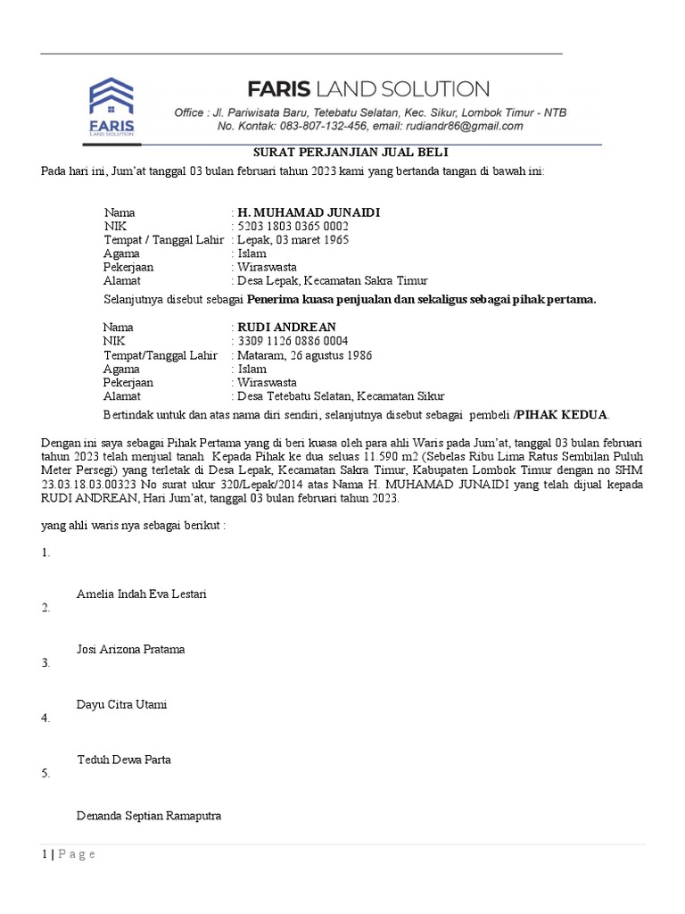 SURAT PERJANJIAN Faris Land | PDF