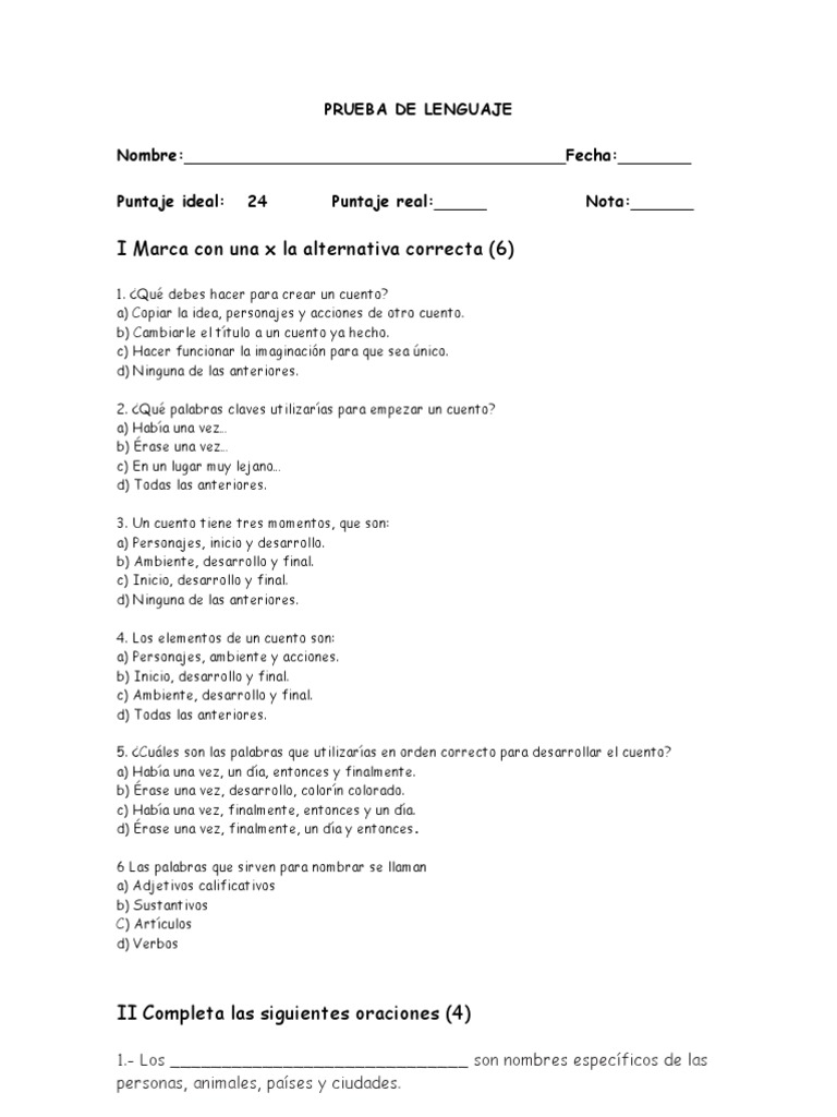 PRUEBA de LENGUAJE Elementos Del Cuento | PDF