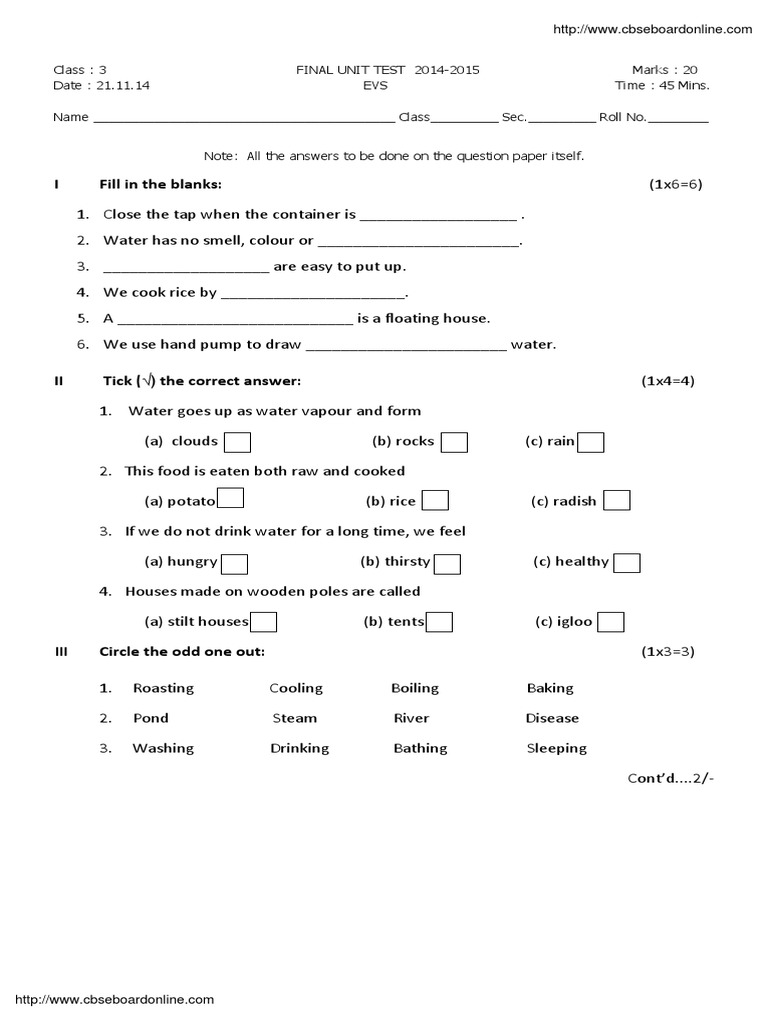Class 3 EVS Final Unit Test 2014-15 | PDF | Water | Food And Drink