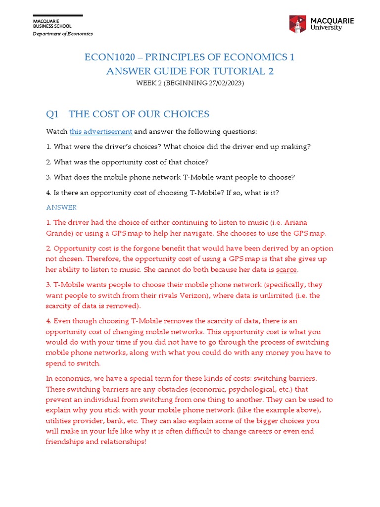 ECON1020 S1 2023 Tutorial 2 - Answer Guide PDF | PDF | Opportunity Cost | Economics