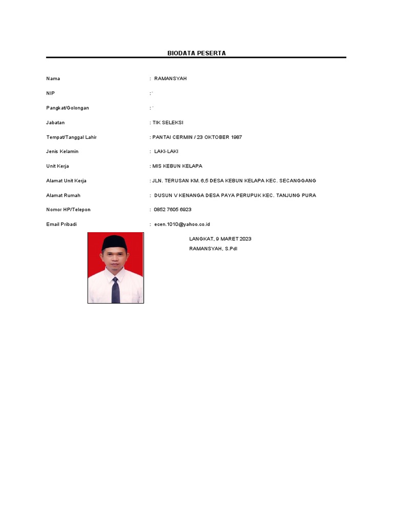Biodata Peserta Pelatihan Guru (OPERATORSEKOLAHDBN - COM) | PDF