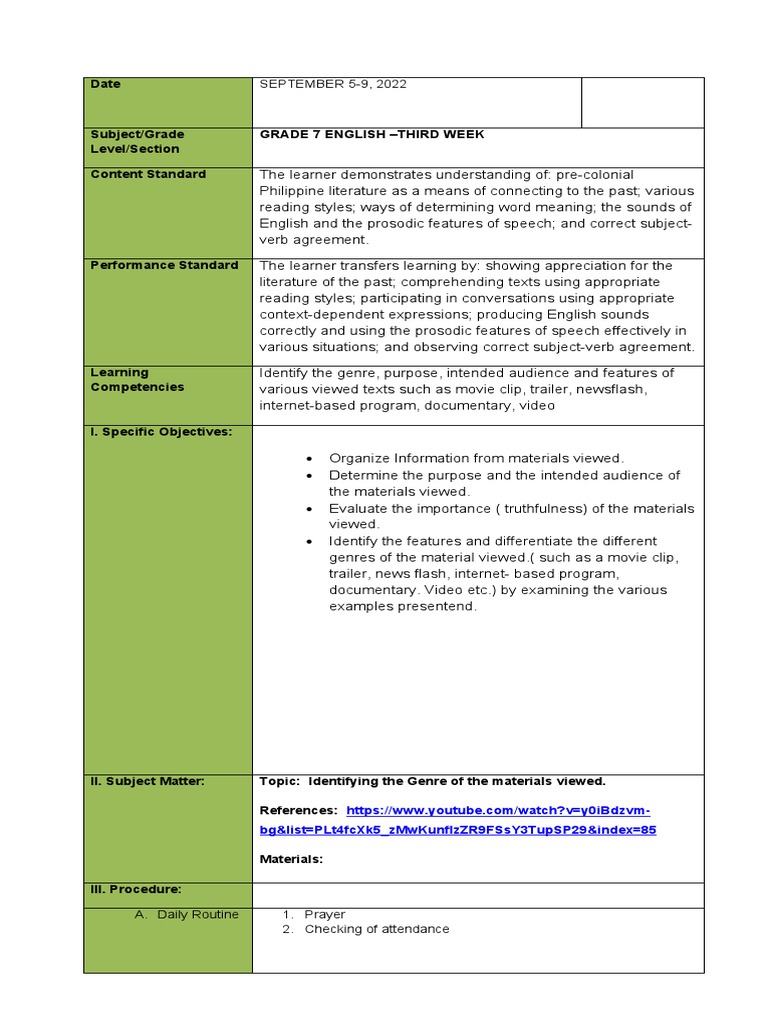 Grade 7 English: Video Genre Lesson Plan | PDF | Learning | Documentary ...