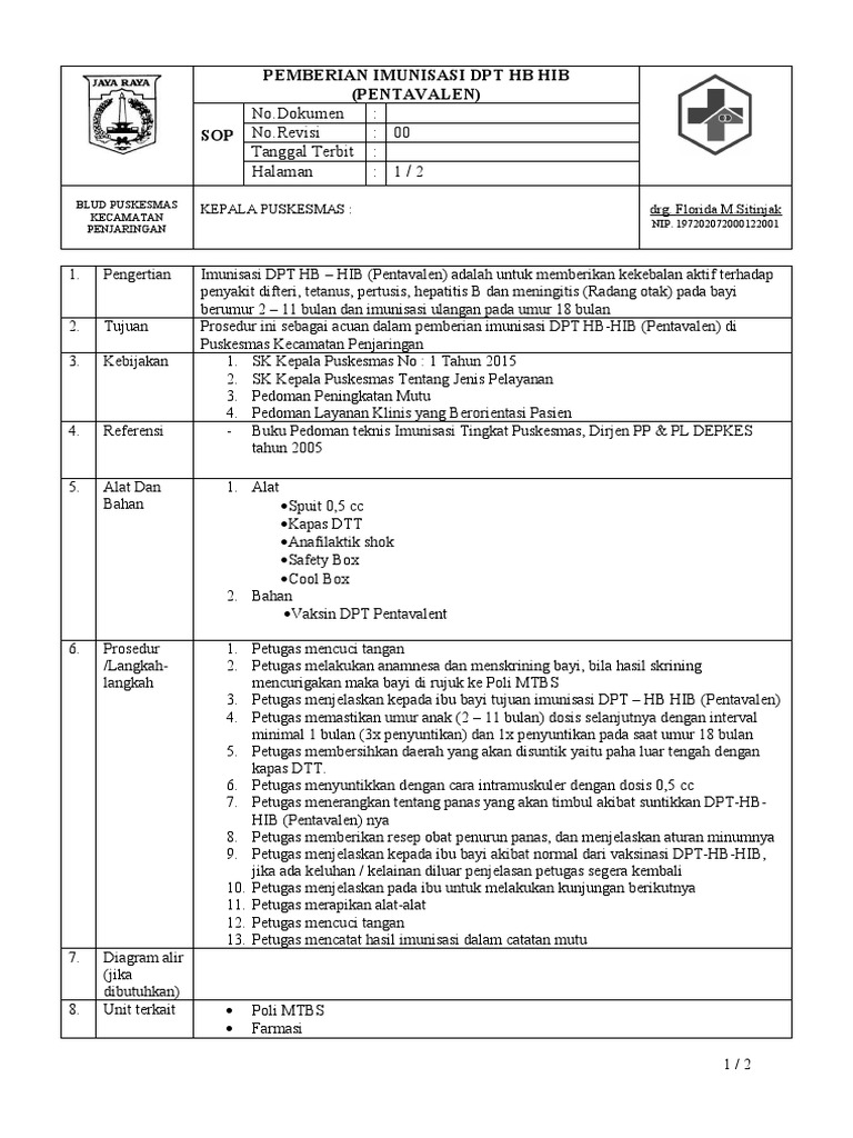 Sop Pemberian Imunisasi DPT HB Hib (Pentavalen) | PDF
