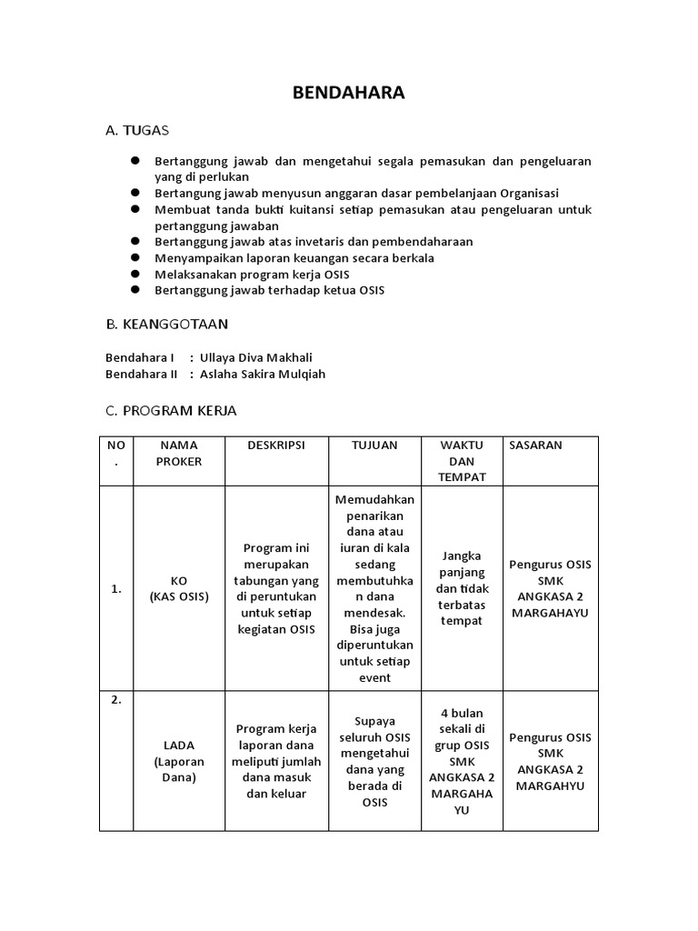 Proker Bendahara Osis | PDF