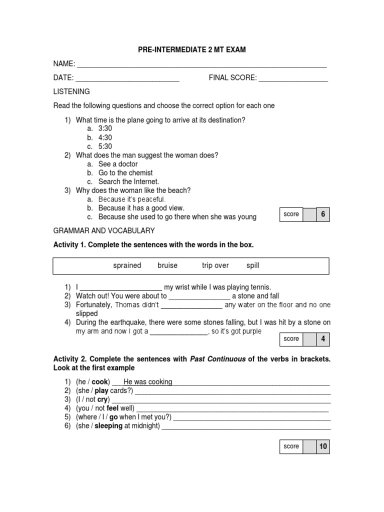 Pre-Intermediate 2 MT Exam | PDF