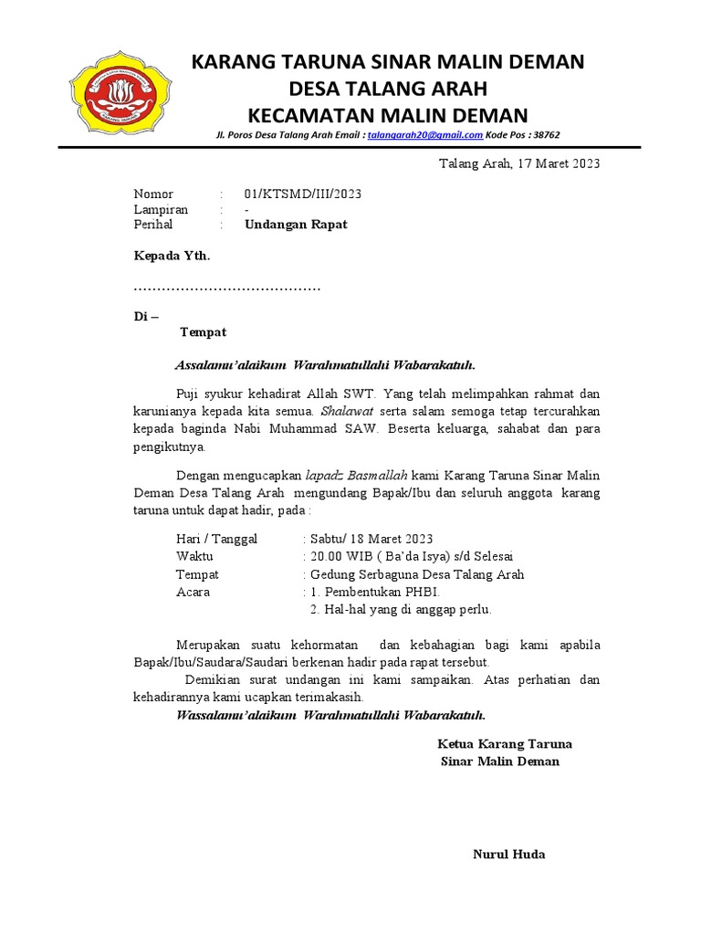 SURAT UNDANGAN PHBI KARANG TARUNA SINAR MALIN DEMAN | PDF