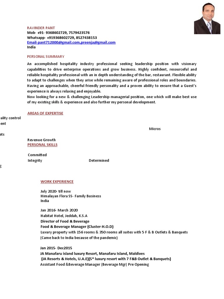 Ravinder Pant CV | PDF | Hotel | Restaurants
