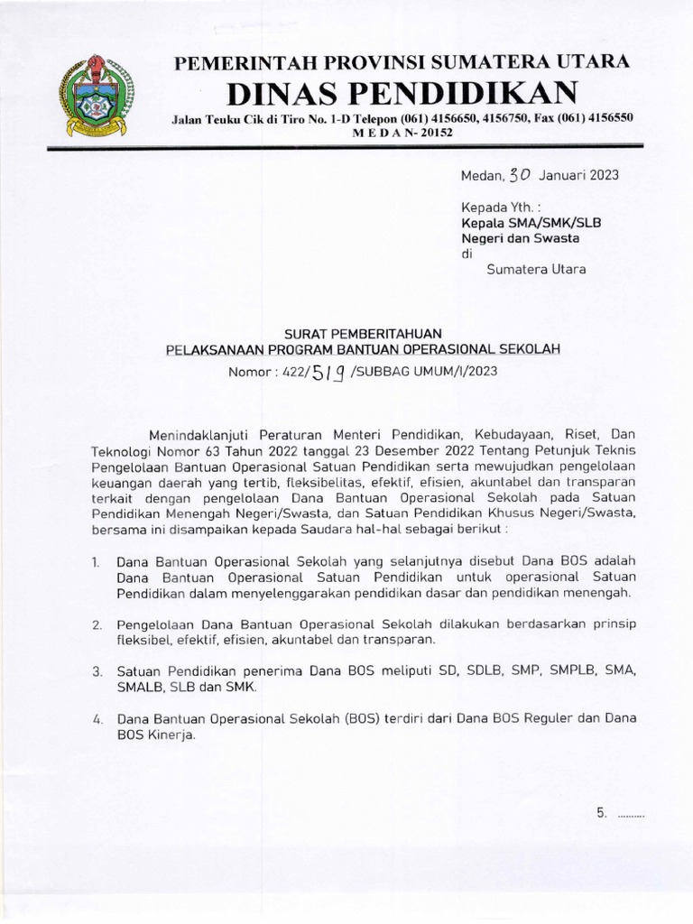 Surat Pemberitahuan Pelaksanaan Program Bantuan Operasional Sekolah | PDF