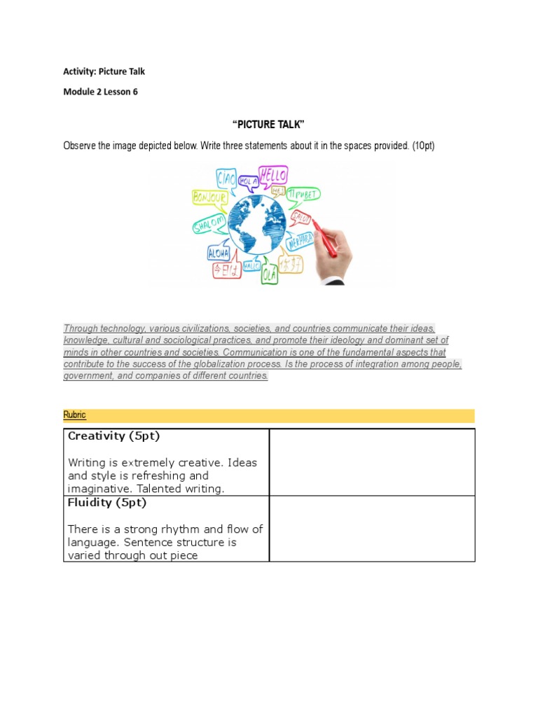 Picture Talk Activity for Global Communication | PDF | Social Science