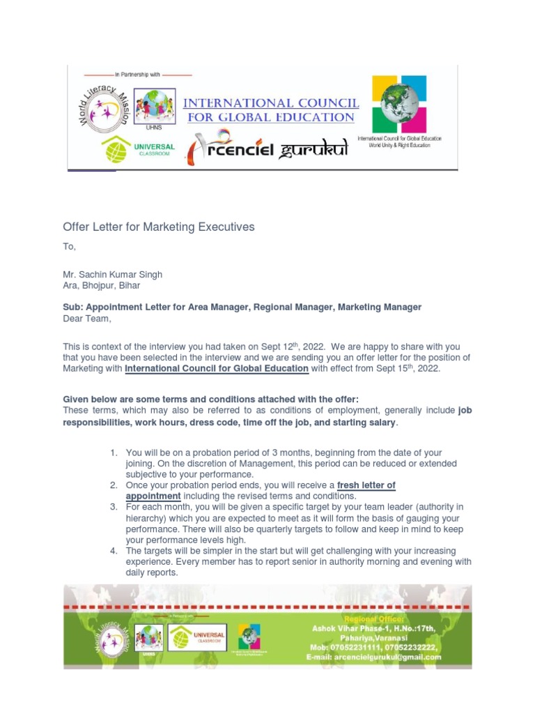 Offer Letter For Marketing Executives | PDF | Economies | Business