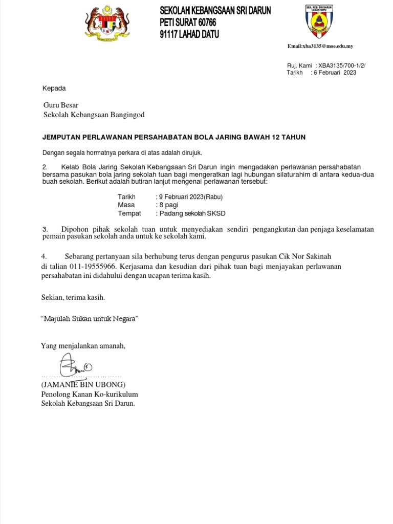 Surat Jemputan Perlawanan Persahabatan Bola Jaring SKSD | PDF