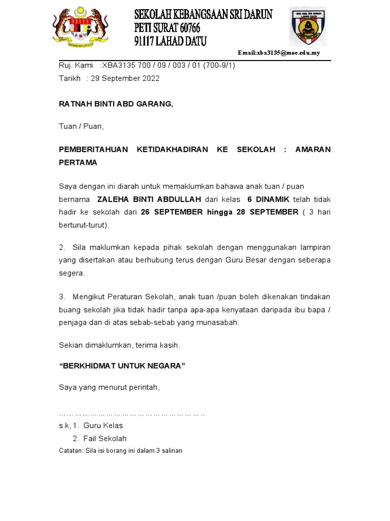Surat Amaran Ponteng Sekolah | PDF