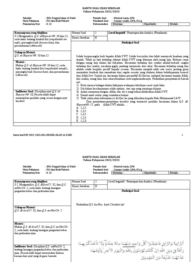 Usp - Pai Dan BP - Kartu Soal | PDF
