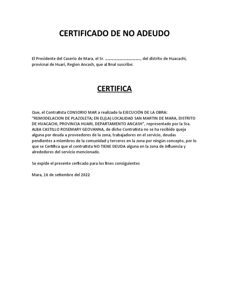 Certificado de No Adeudo | PDF