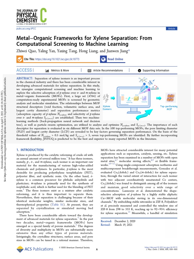 Metal-Organic Frameworks For Xylene Separation - From Computational Screening To Machine ...