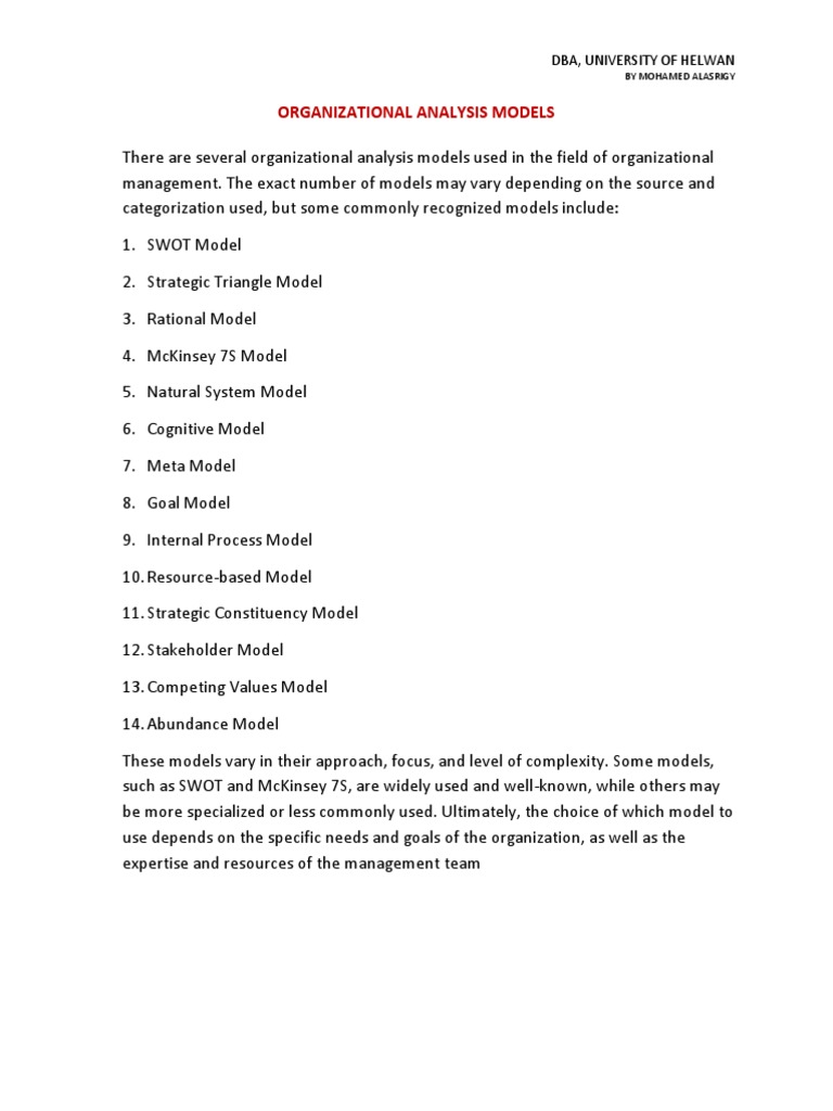 Organizational Analysis Models | PDF | Goal | Swot Analysis