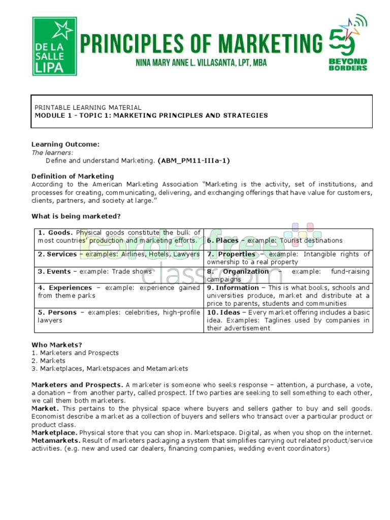 LM - Module 1 Topic 1 - Markprin | PDF | Marketing | Market (Economics)