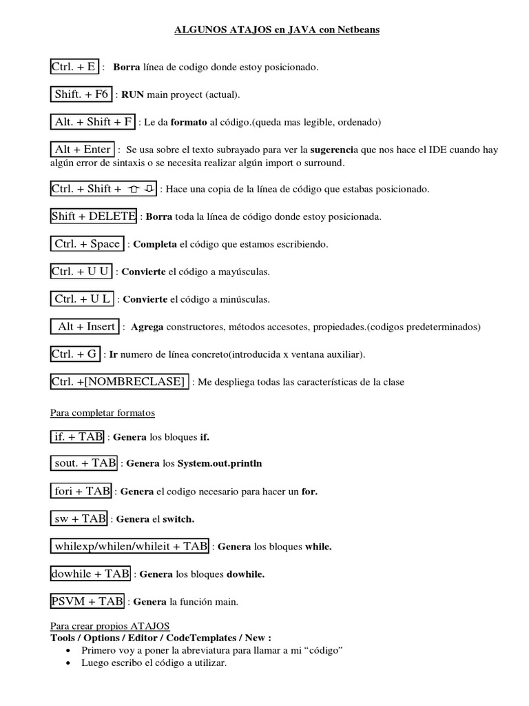 ALGUNOS ATAJOS DE JAVA en Netbeans | PDF