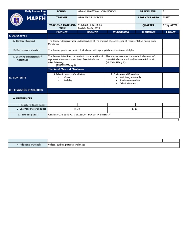 DLL MAPEH7 - 3rd Quarter | PDF | Learning | Teachers
