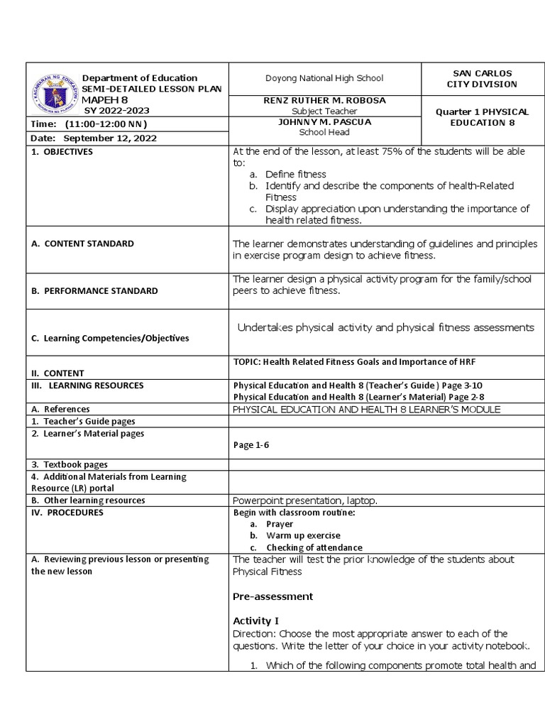 DLP-Semi Detailed Grade 8 PE Final Edit | PDF | Physical Fitness | Teachers